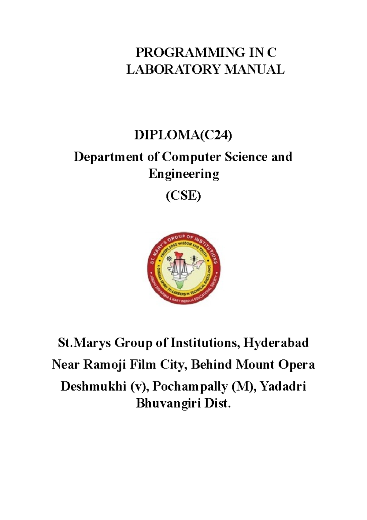 C24 Programming in C Laboratory Manual - Diploma CSE - Studocu