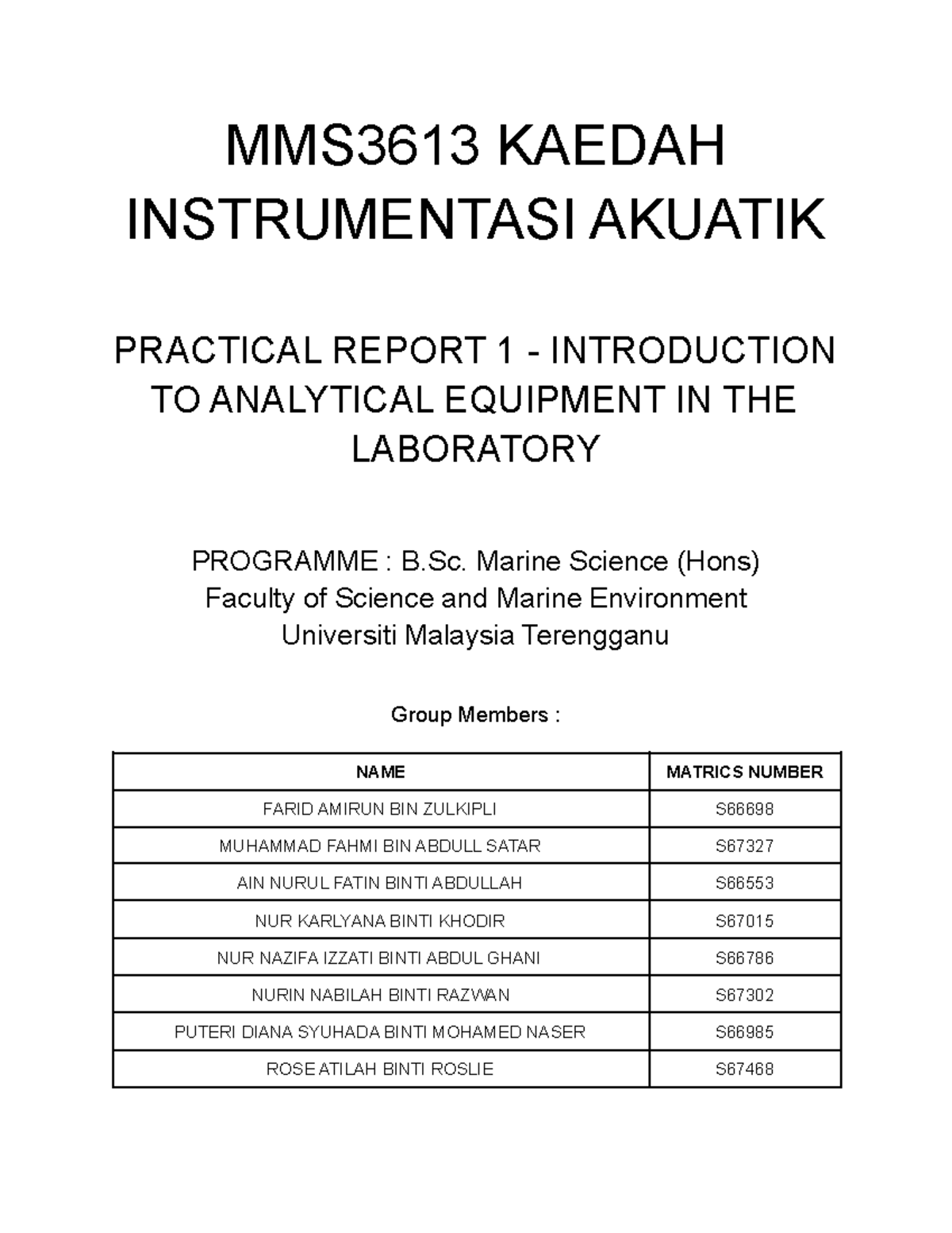 MMS3613: Lab Report on Analytical Equipment in Oceanography Lab - Studocu