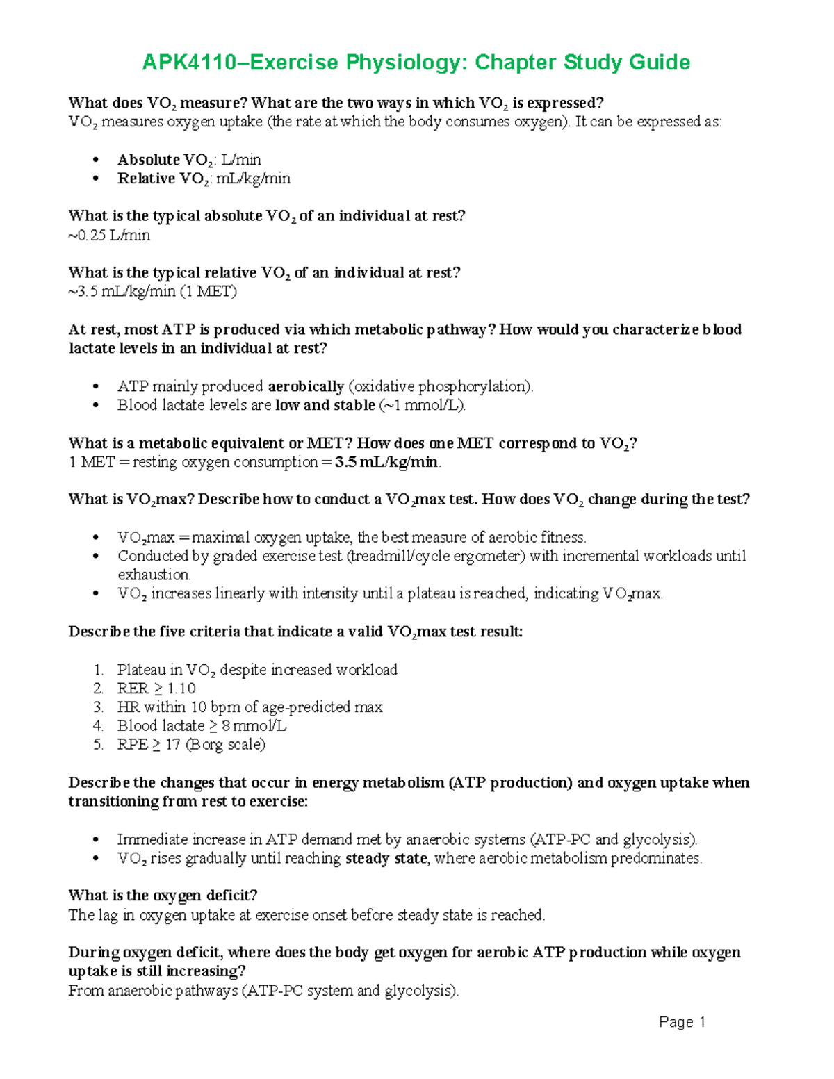 Physiology: Chapter 4 Study Guide on VO₂ and Energy Metabolism - Studocu