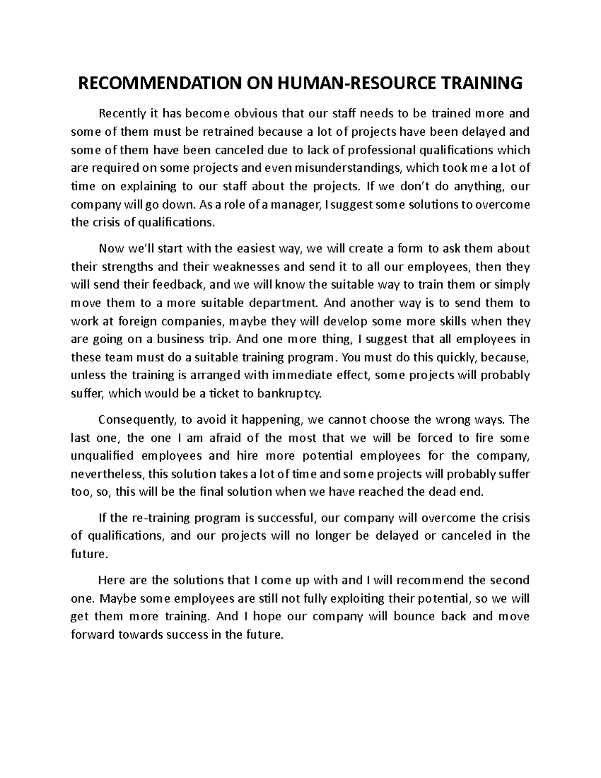RECOMMENDATION ON TRAINING FOR HUMAN RESOURCES DEVELOPMENT - Studocu