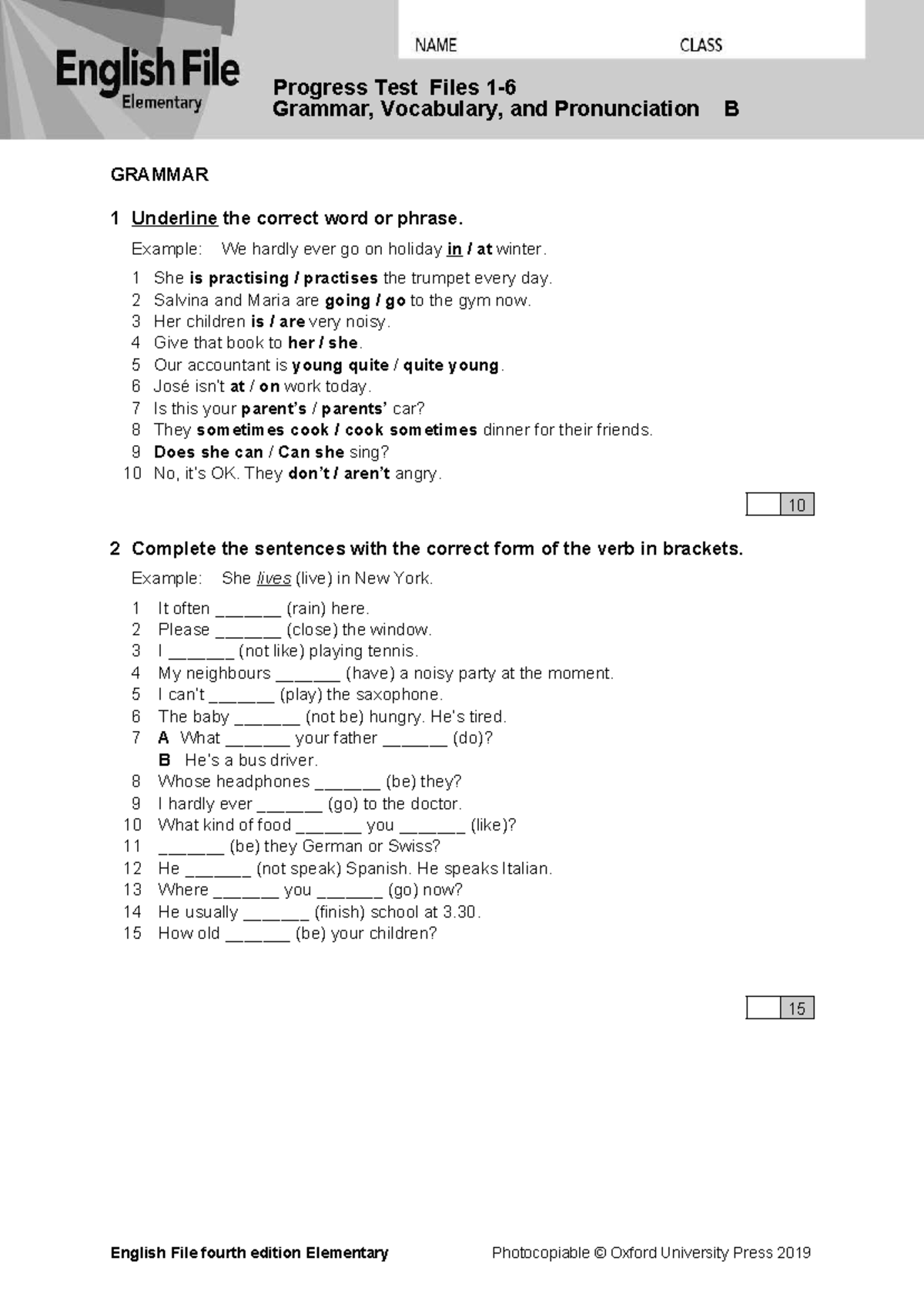 EF4e Elementary Progress Test: Grammar, Vocabulary & Pronunciation ...