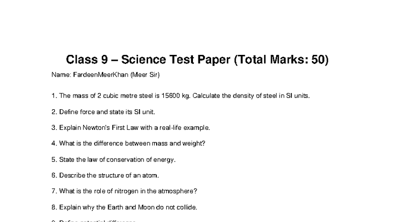 Class 9 Science Test Paper (Total Marks: 50) - Fardeen Meer Khan - Studocu