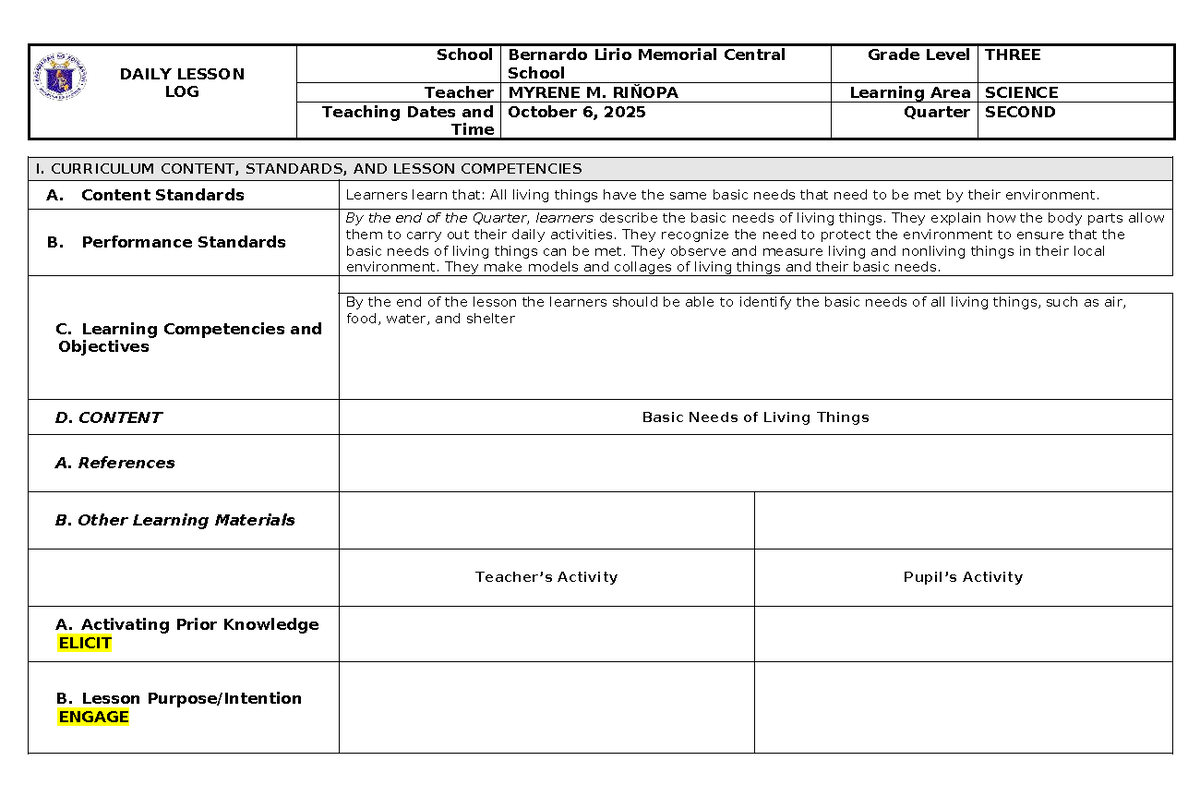 DAILY LESSON LOG: Grade 3 Science - Basic Needs of Living Things - Studocu
