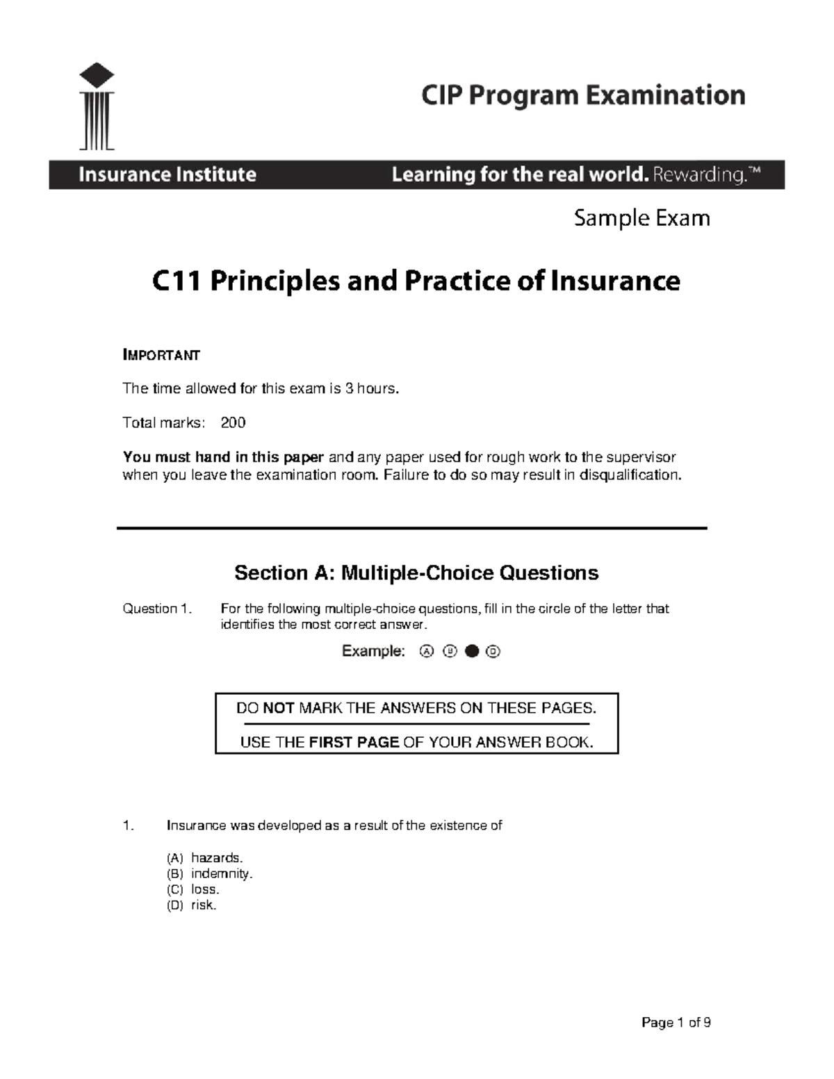 C11 Principles and Practice of Insurance - Sample Exam Paper - Studocu