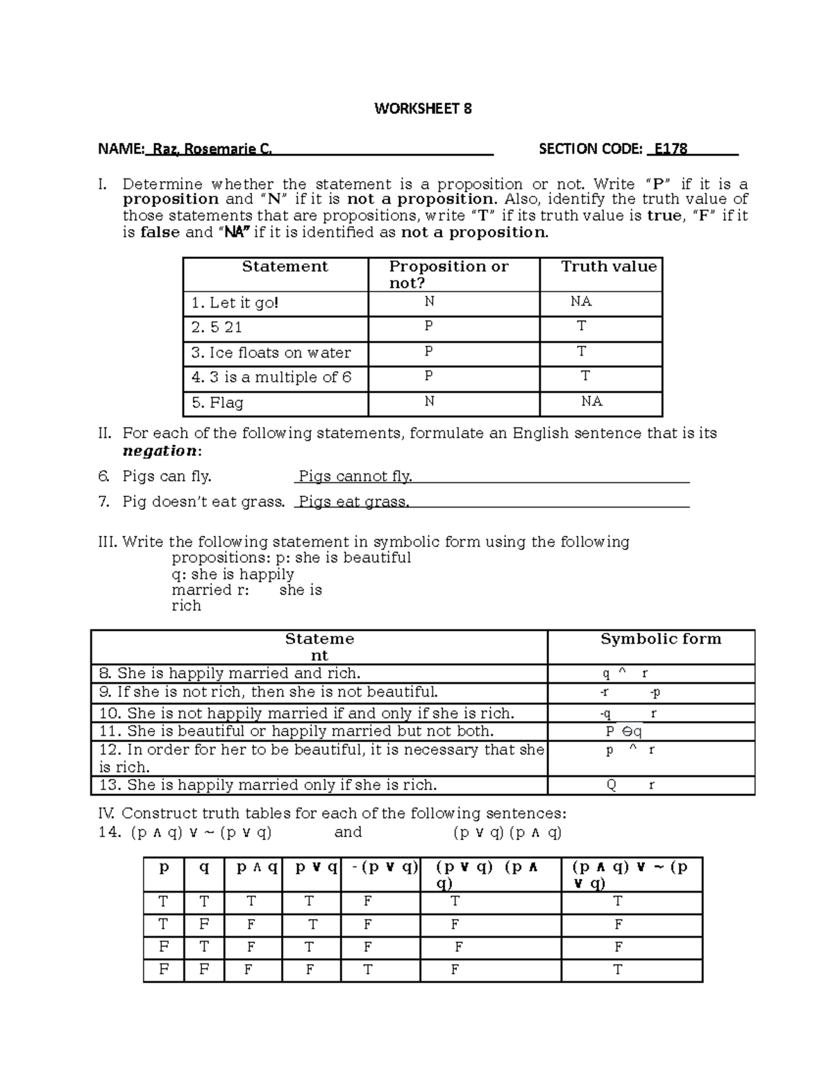 Worksheet 8: Identifying Propositions and Truth Values - Studocu