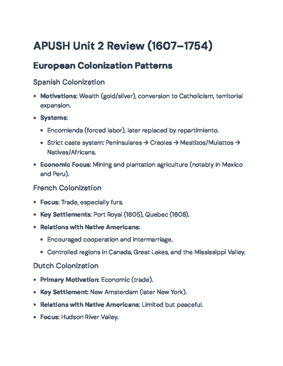APUSH Unit 2 Review: European Colonization (1607–1754) - APUSH Unit 2 ...