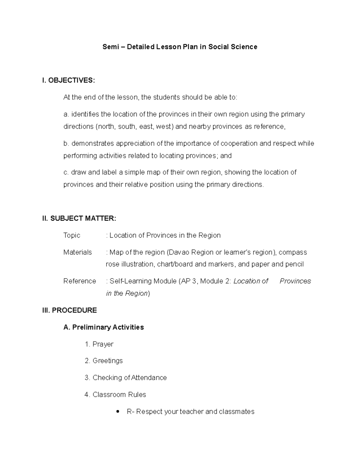Semi-Detailed Lesson Plan: Locating Provinces in Social Science I - Studocu