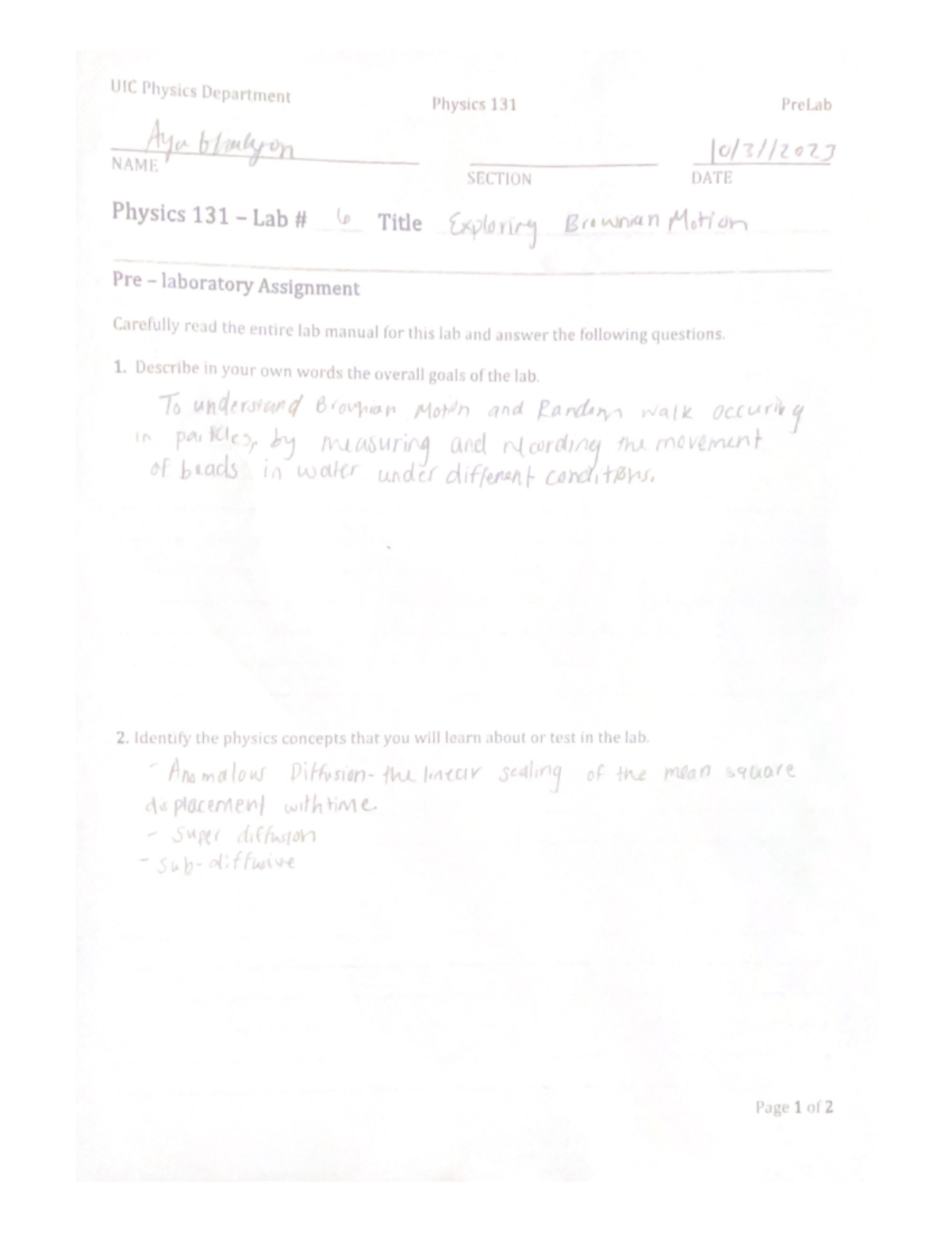 Physics 131 - Lab 6: PreLab on Exploring Brownian Motion - Studocu
