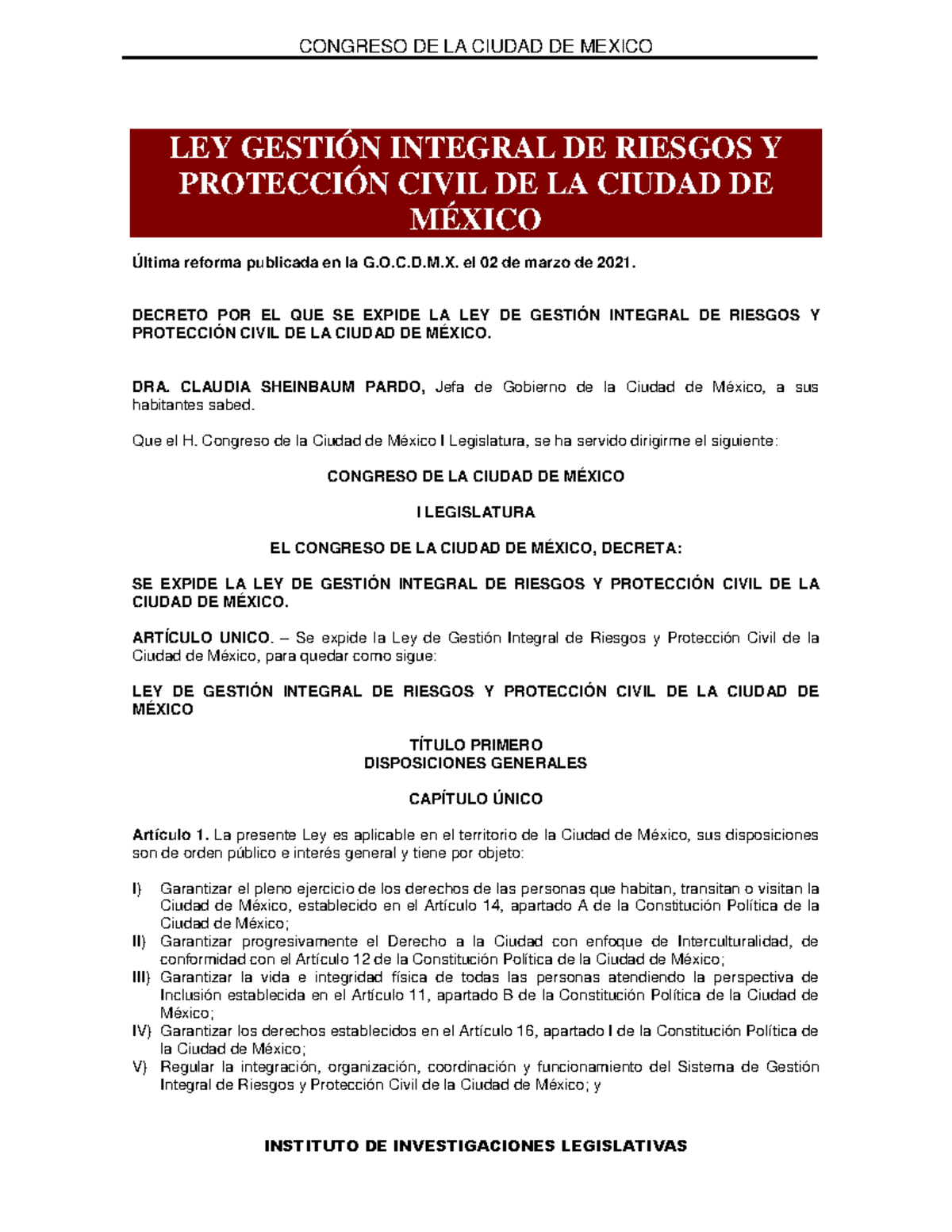 Ley de Gestión Integral de Riesgos y Protección Civil de la CDMX - Studocu