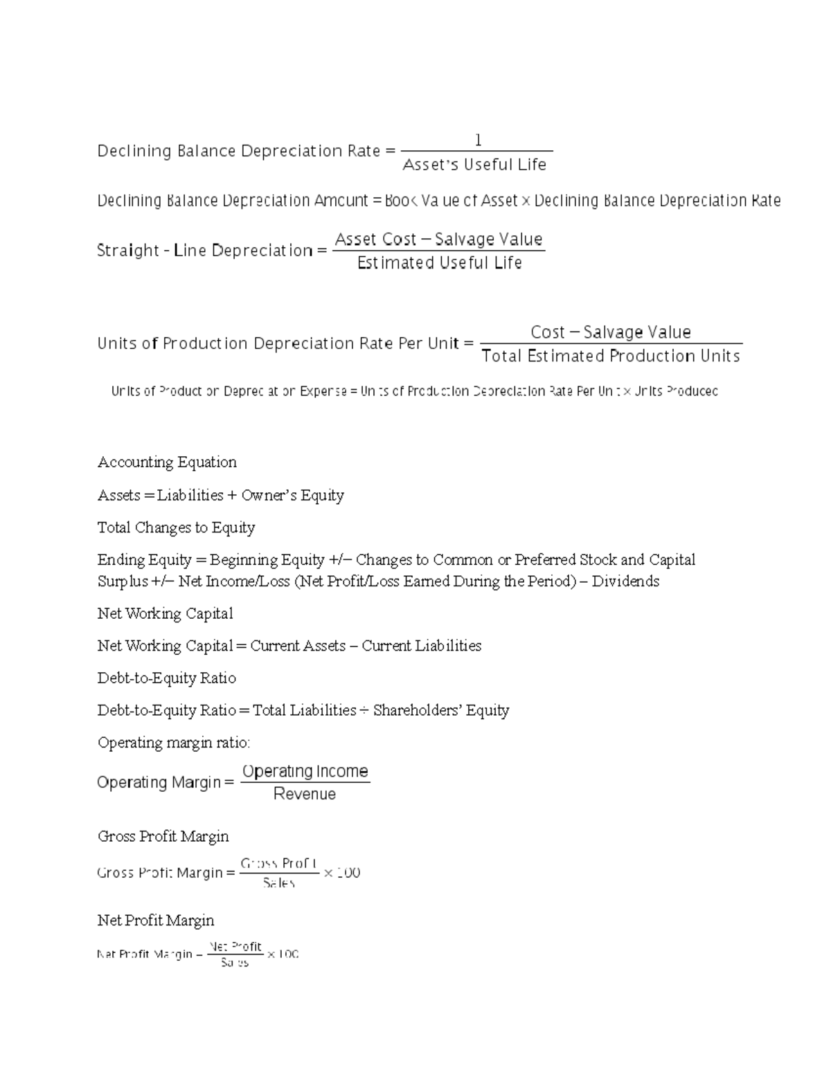 Principles of Finance Formulas - Accounting Equation Assets ...