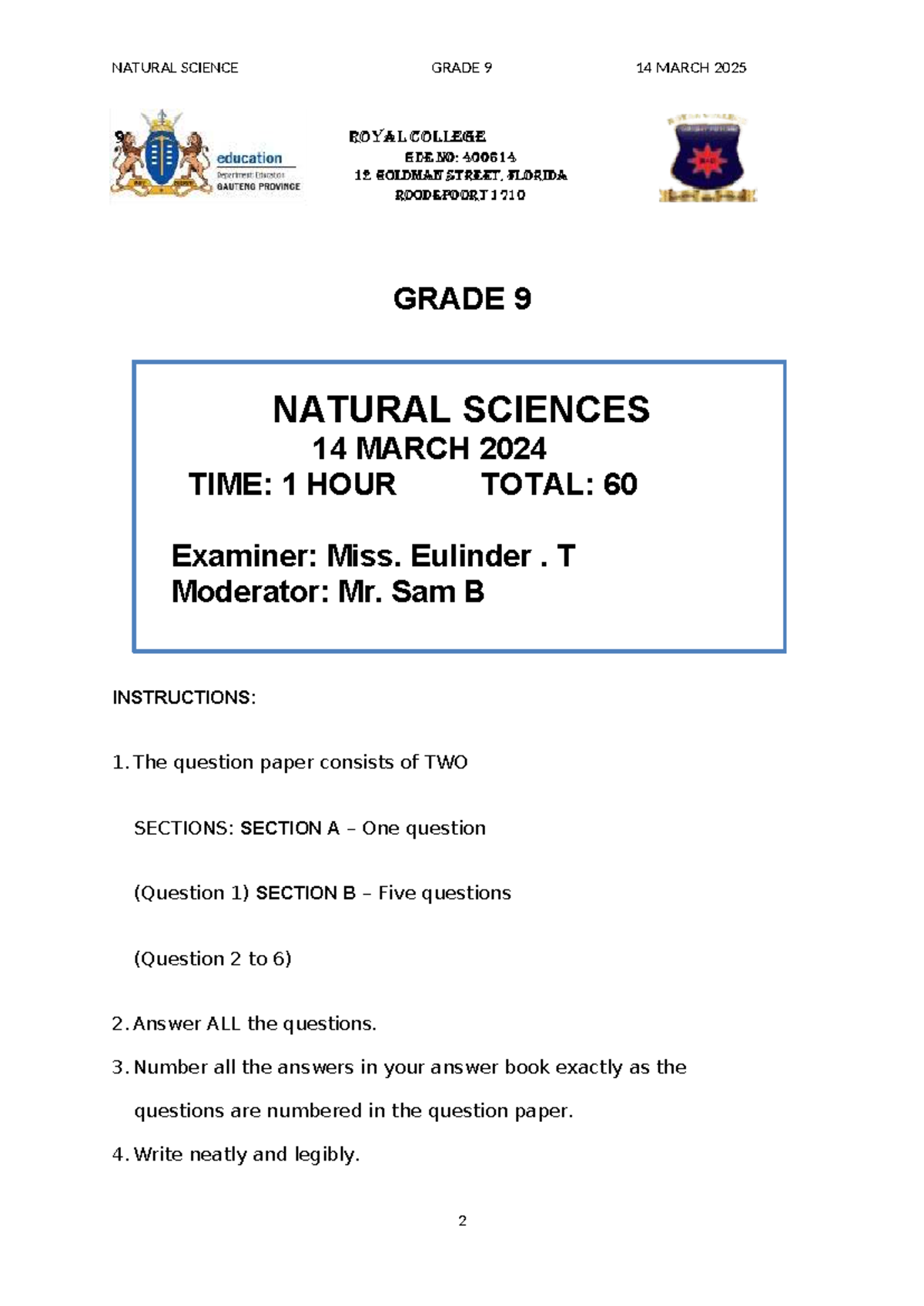 Gr 9 Natural Science March 2025 Test Paper - Studocu