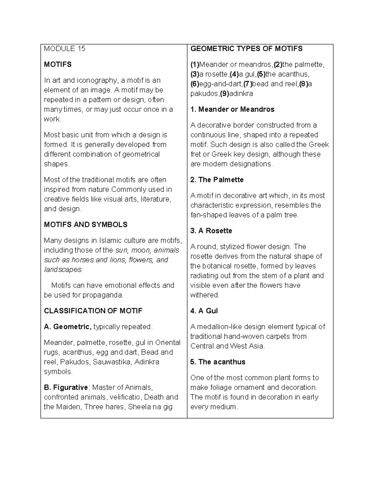 ARTS- Reviewer - MODULE 15 MOTIFS In art and iconography, a motif is an ...