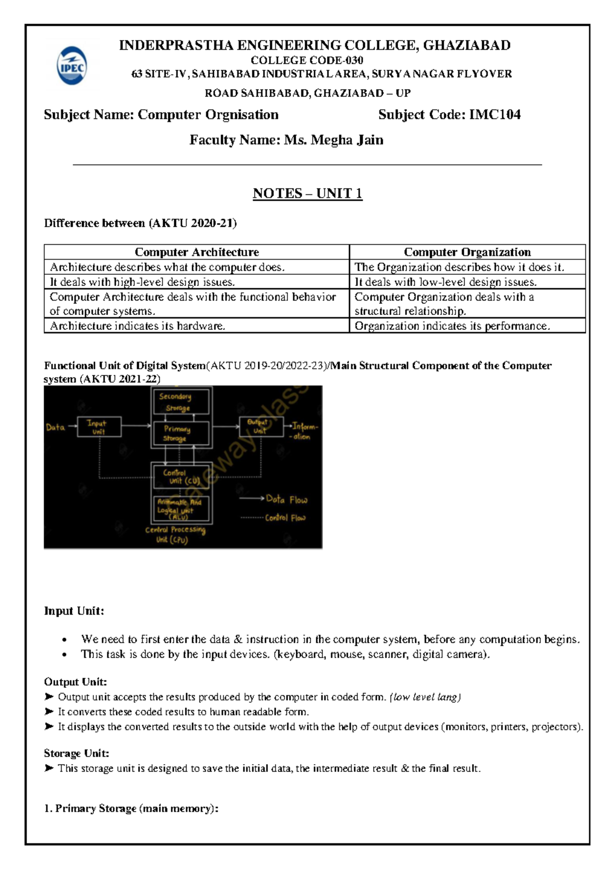 IMC104 - Computer Organization Unit 1 Notes (AKTU) - Studocu