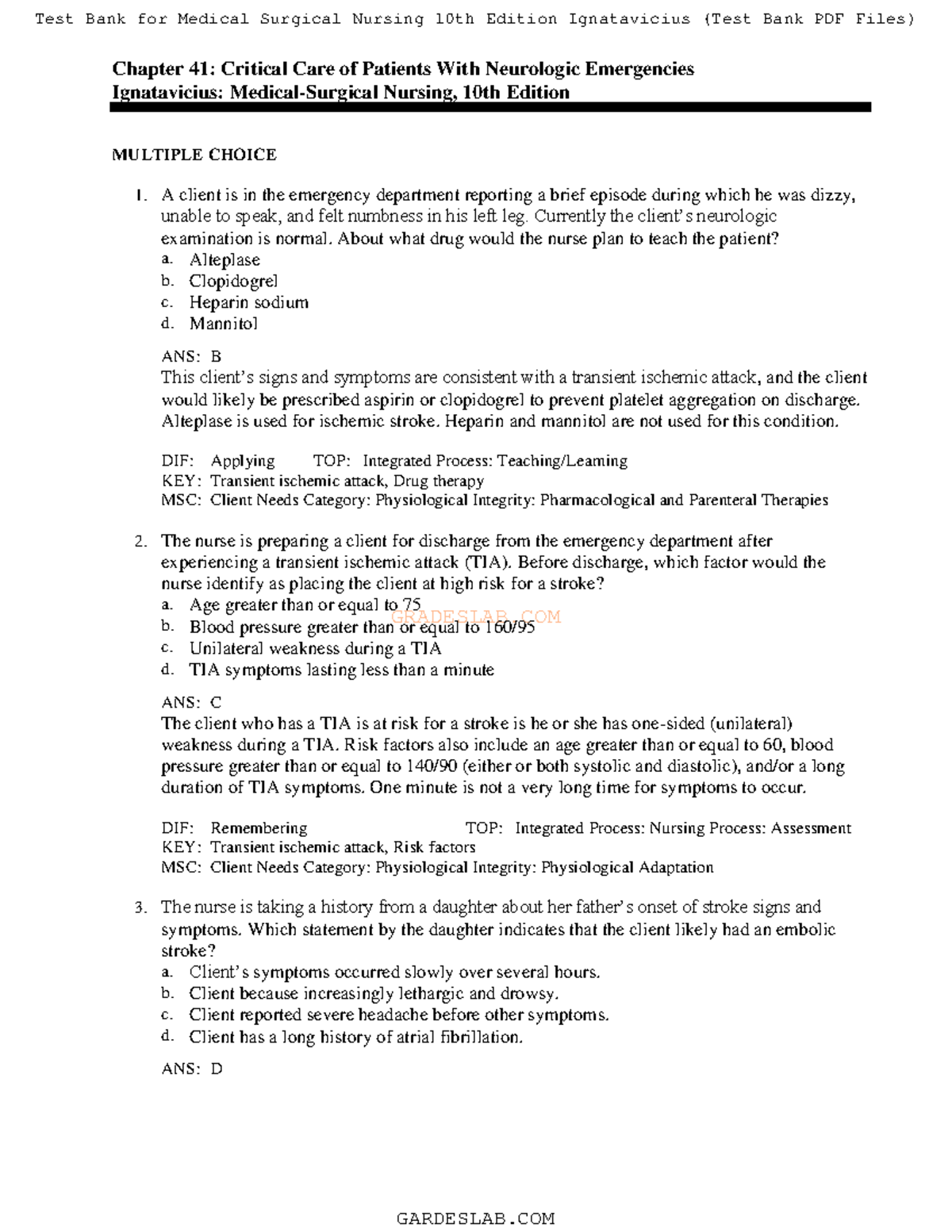 TB 41 - Med Surg Chapter 41 Iggy Test Bank: Neurologic Emergencies ...