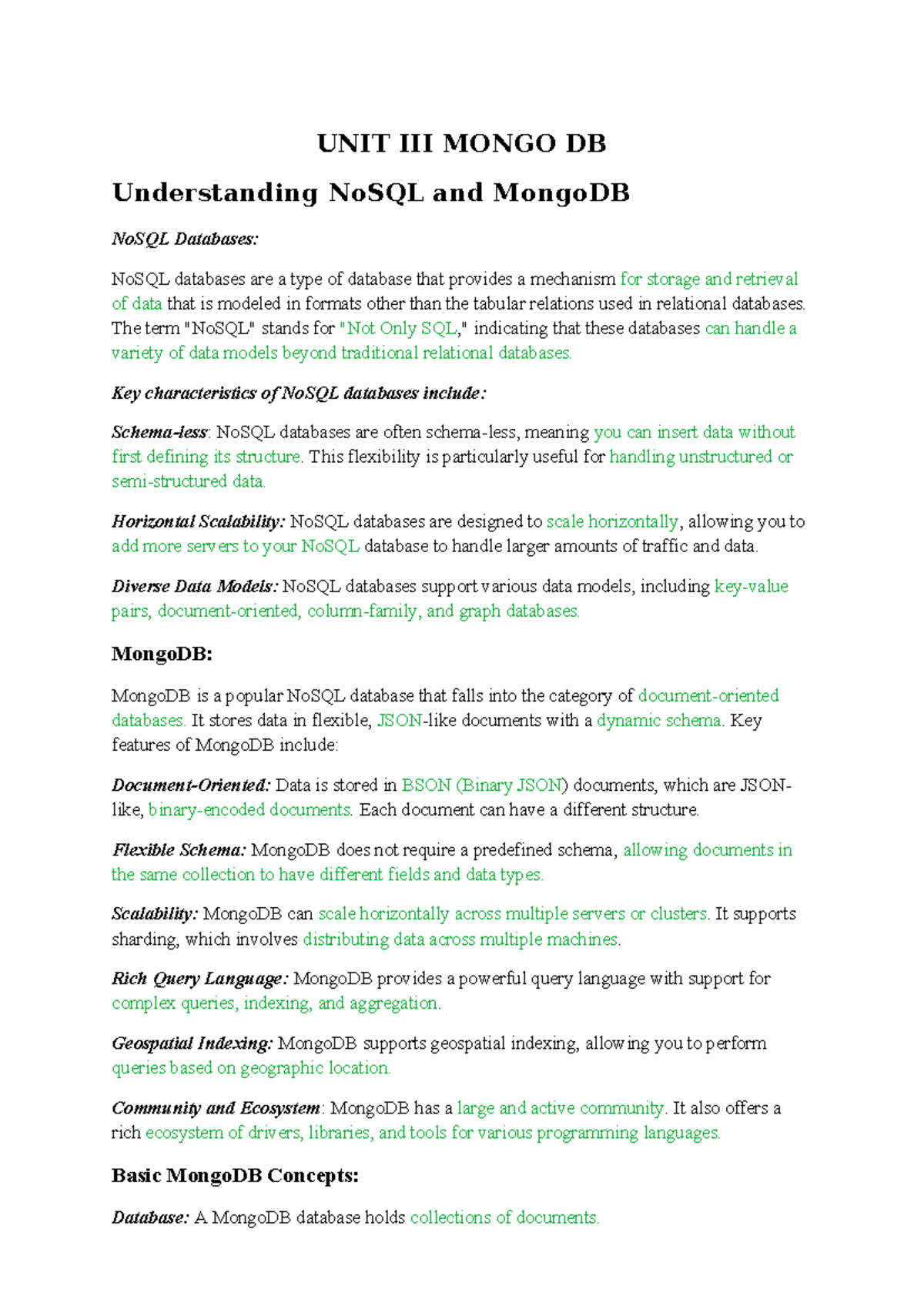 UNIT III Mongo DB - notes - UNIT III MONGO DB Understanding NoSQL and ...