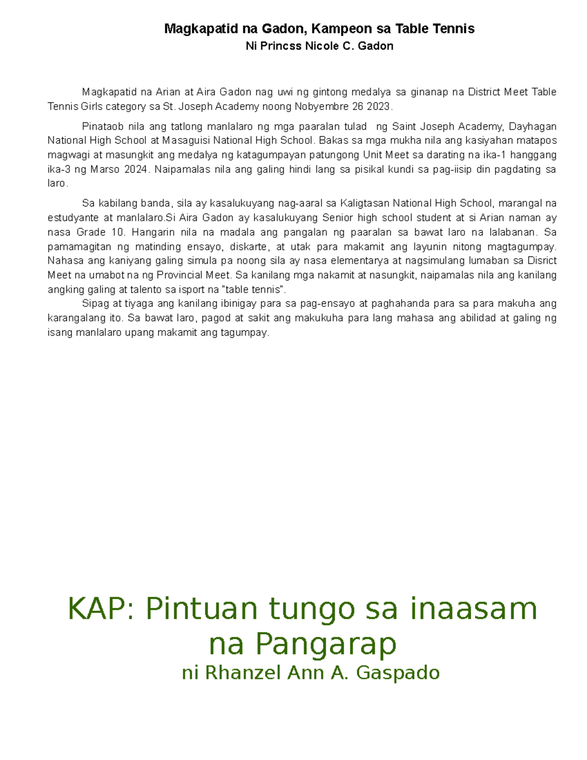 Balitang Isport - Sport balita - Magkapatid na Gadon, Kampeon sa Table ...