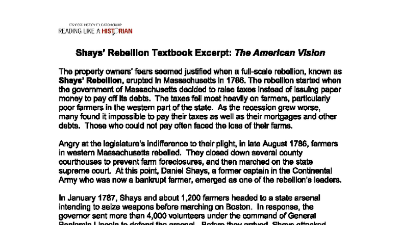 HIST 101: Shays' Rebellion Textbook Excerpt Analysis - Studocu