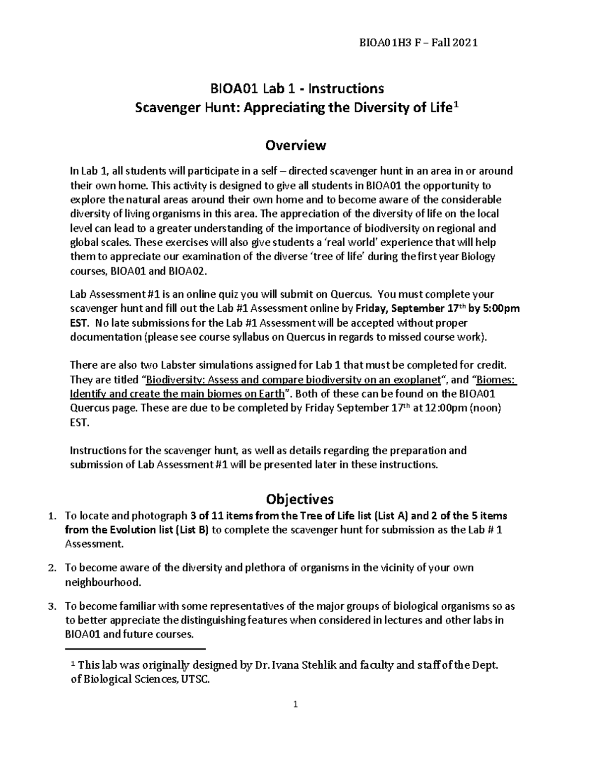 BIOA01 Lab 1: Scavenger Hunt Instructions & Assessment Guide F2021 ...