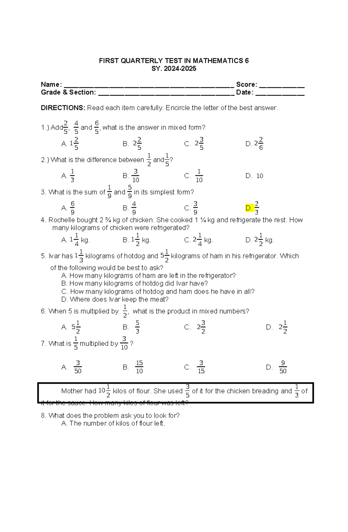Mathematics 6_ Periodical Test 1 - FIRST QUARTERLY TEST IN MATHEMATICS ...