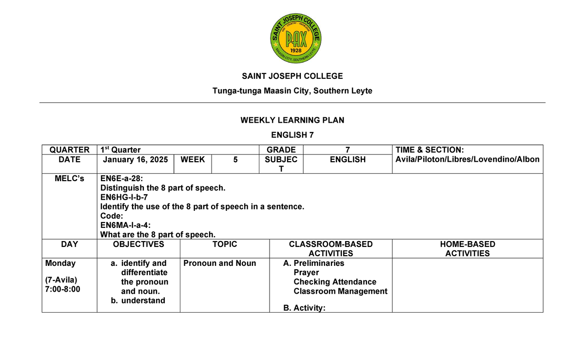 Weekly Learning PLAN - SAINT JOSEPH COLLEGE Tunga-tunga Maasin City ...