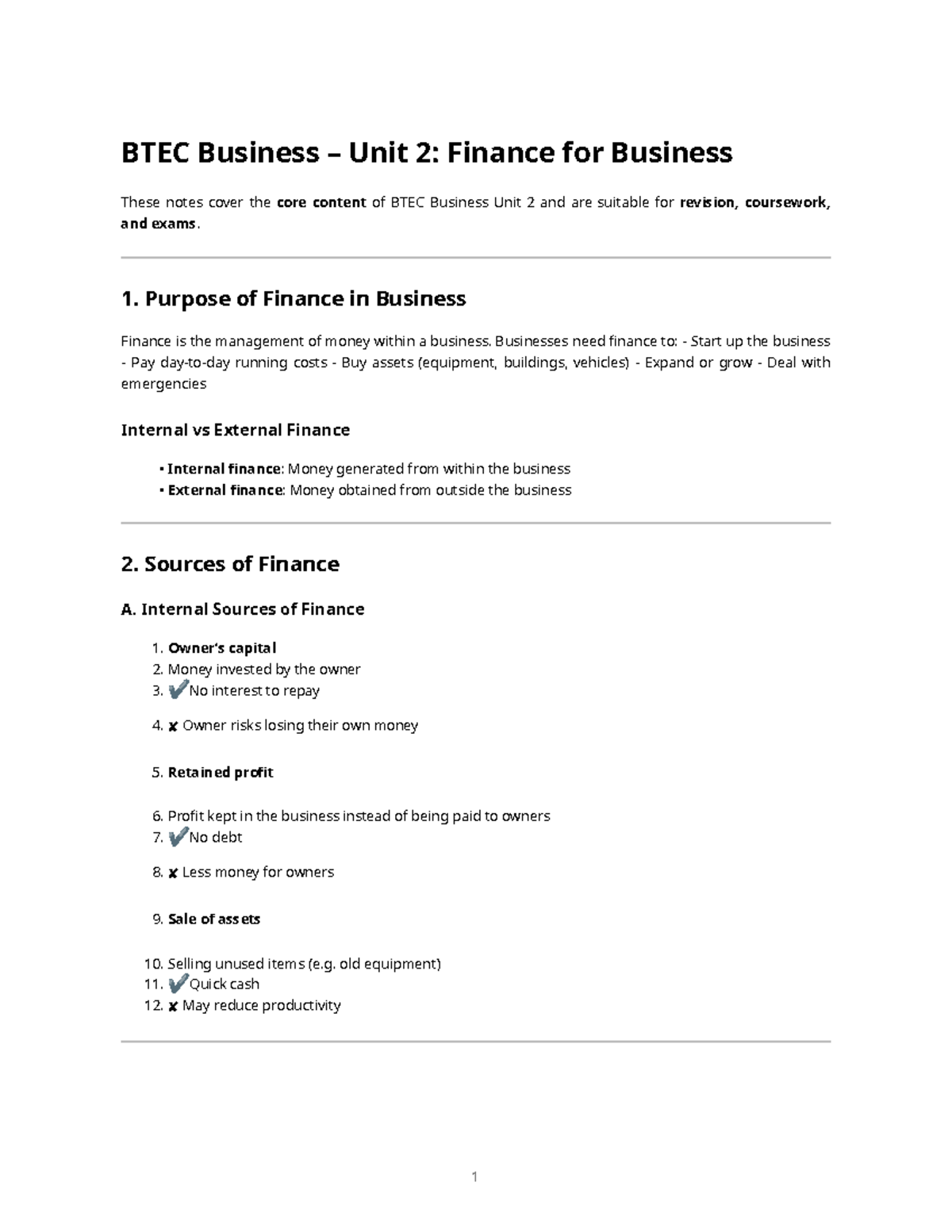 BTEC Business Unit 2: Finance for Business Revision Notes - Studocu