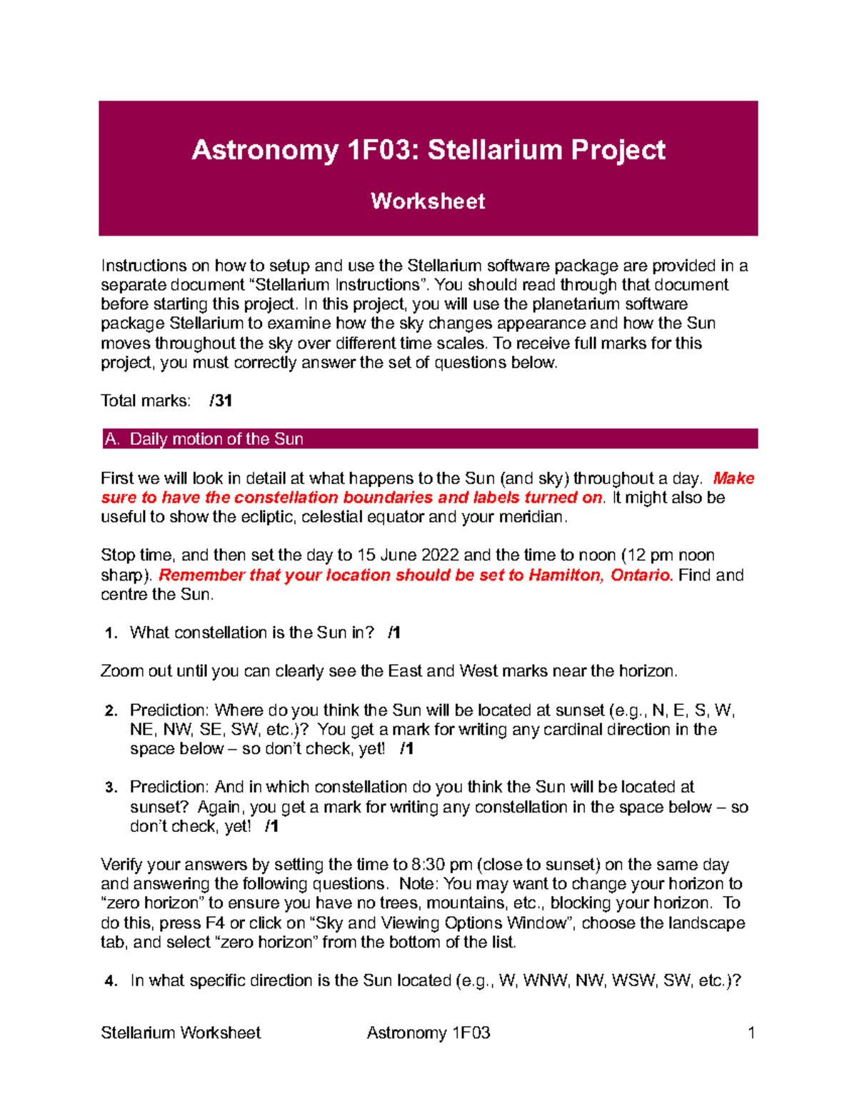Astron 1F03 Final Project - Stellarium Worksheet and Instructions - Studocu