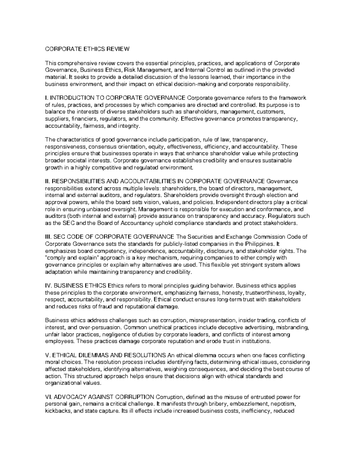 CORPORATE ETHICS REVIEW: Principles & Practices in Governance - Studocu
