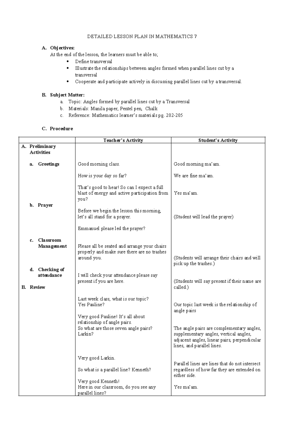 Detailed Lesson Plan 1st day - DETAILED LESSON PLAN IN MATHEMATICS 7 A ...