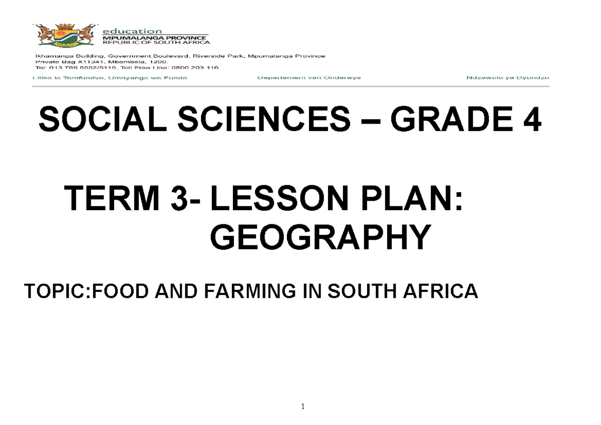 Grade 4 Social Sciences Term 3 Lesson Plan: Food & Farming in SA - Studocu