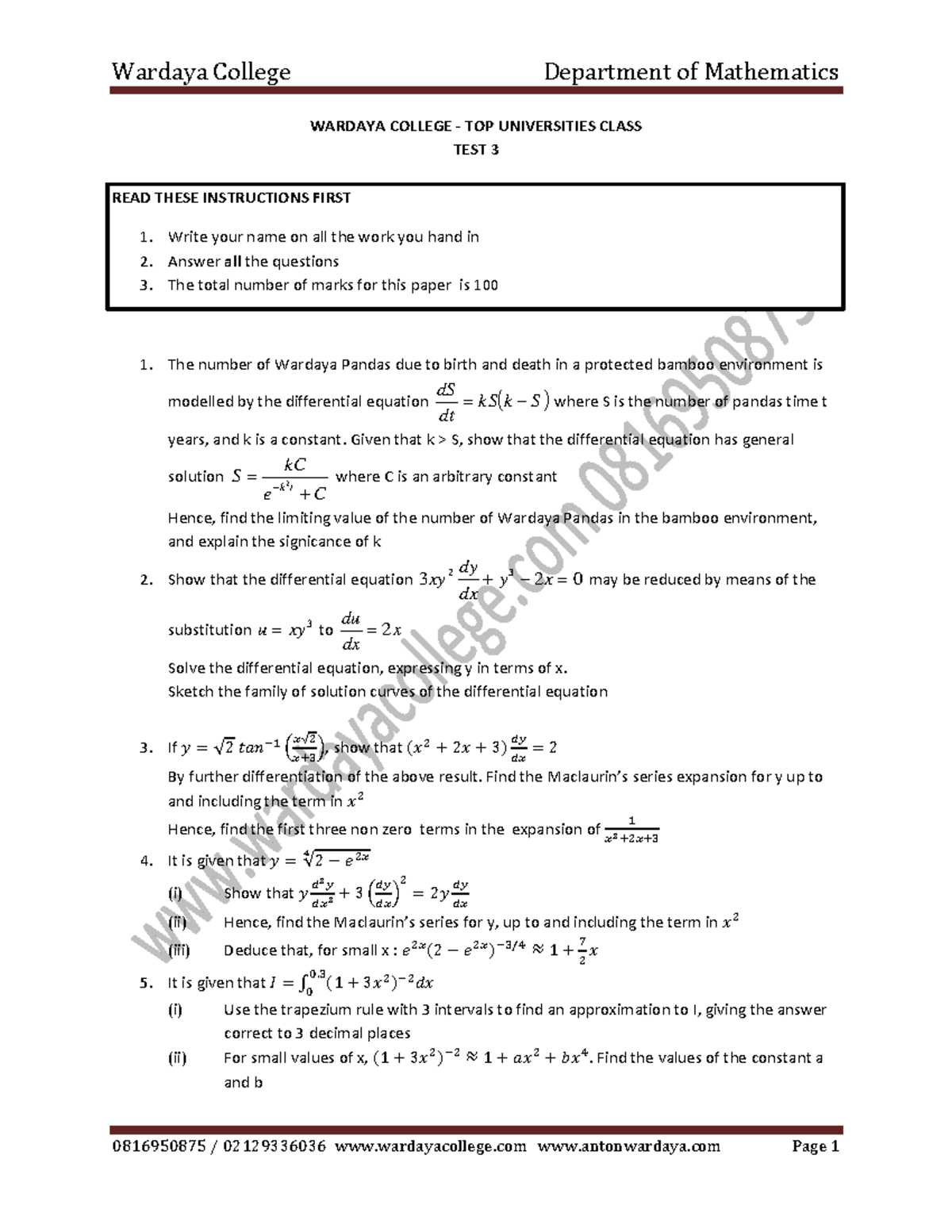 Mathematics WARDAYA COLLEGE Class Test 3 Practice Questions - Studocu