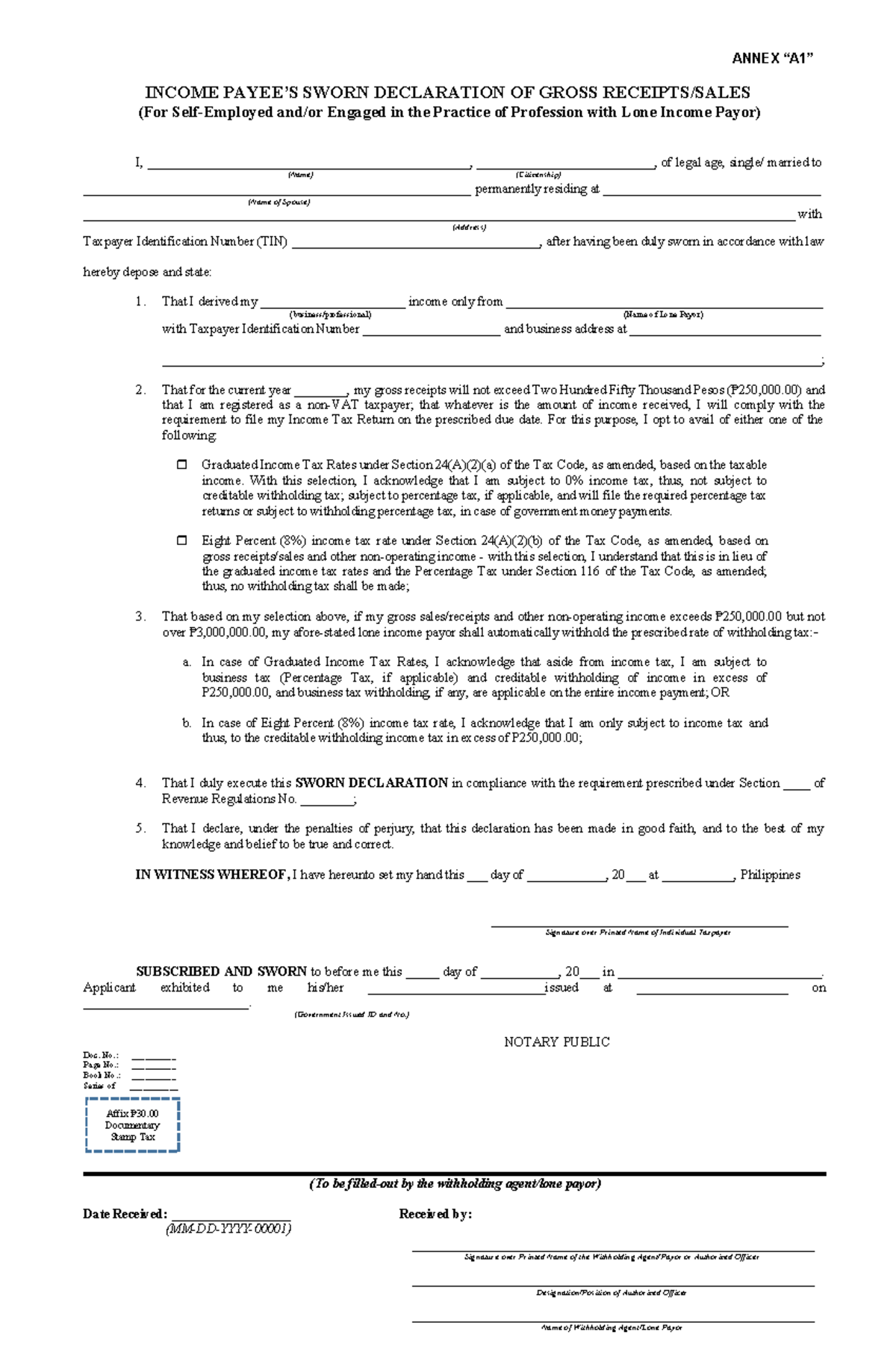 ANNEX A1: Sworn Declaration of Gross Income for Tax Compliance - Studocu