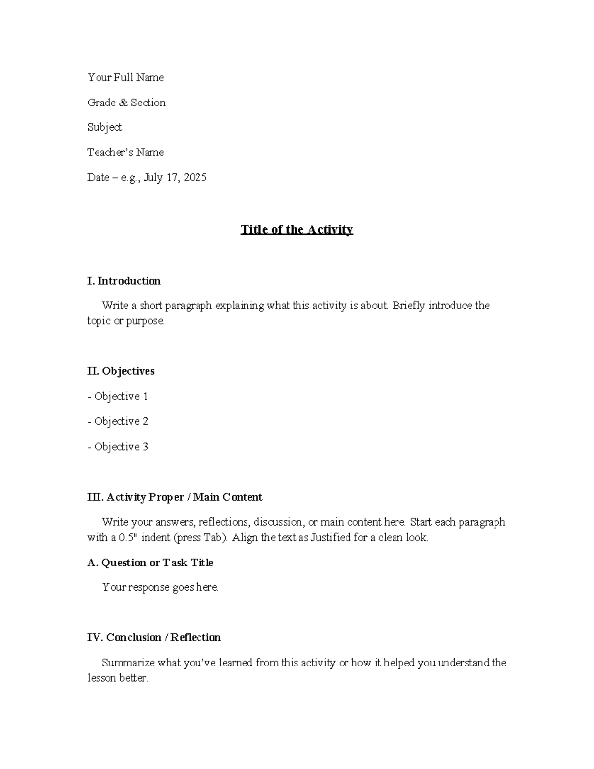 School Activity Template: Guidelines for Completion - Studocu