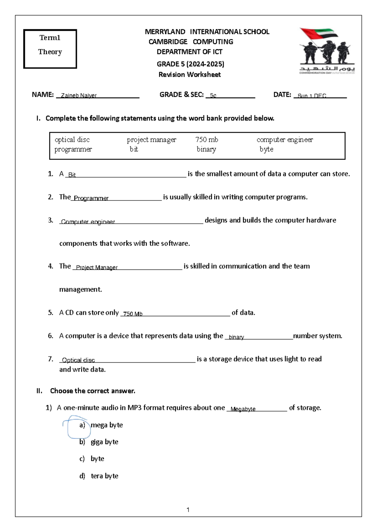 Grade 5 ICT Term 1 Theory Revision Worksheet - MERRYLAND INTERNATIONAL ...