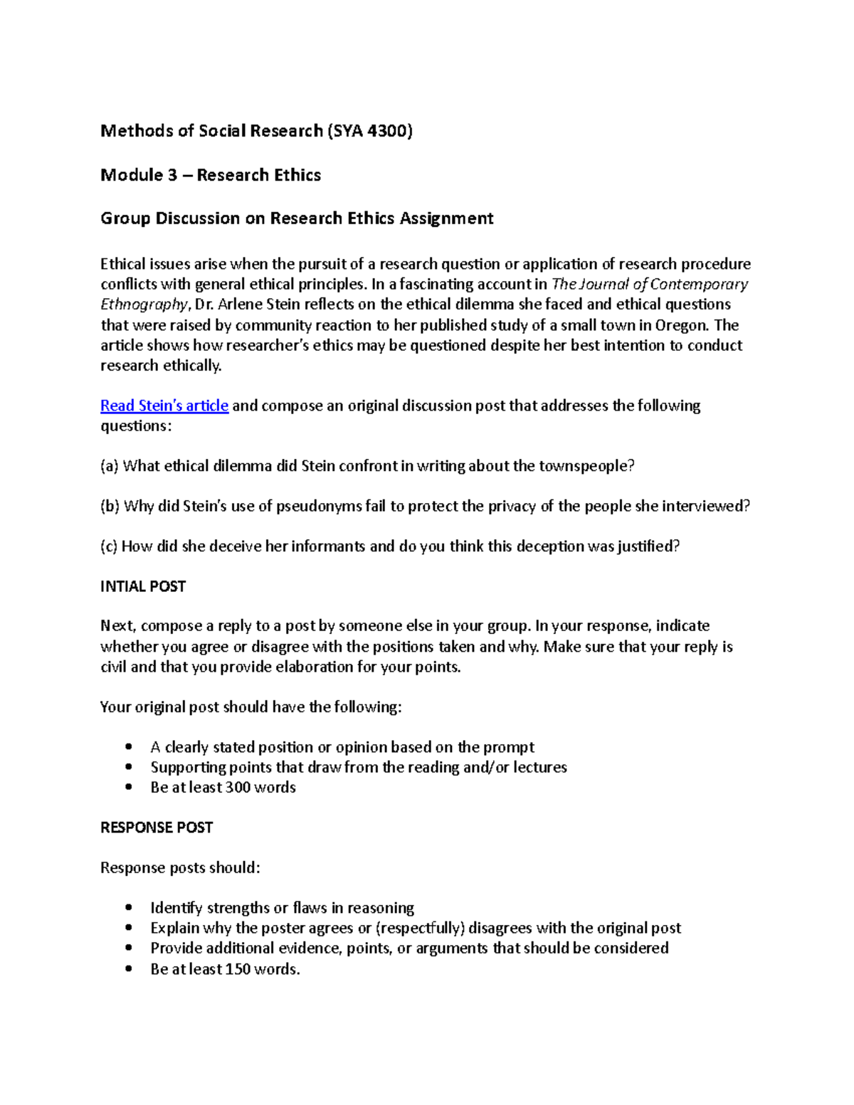 SYA 4300 Module 3 Group Discussion on Research Ethics Assignment - Studocu