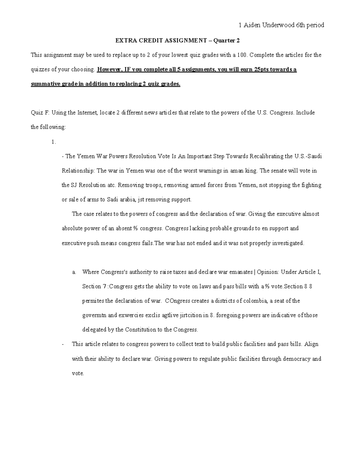 US Government Extra Credit Assignment for Quizzes F-J - Studocu