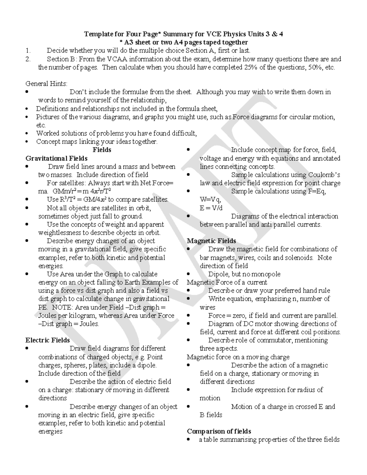 Template for Four Page Summary - VCE Physics Units 3 & 4 - Studocu