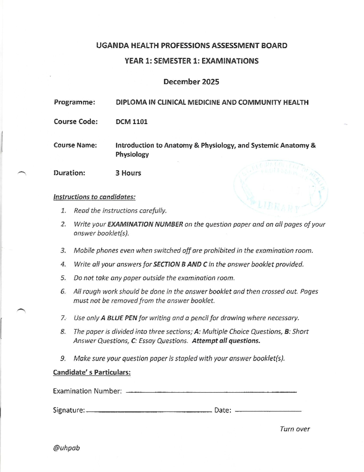 DCM 1101: Introduction to Anatomy - UHPAB Year 1 Semester 1 Exam 2025 ...