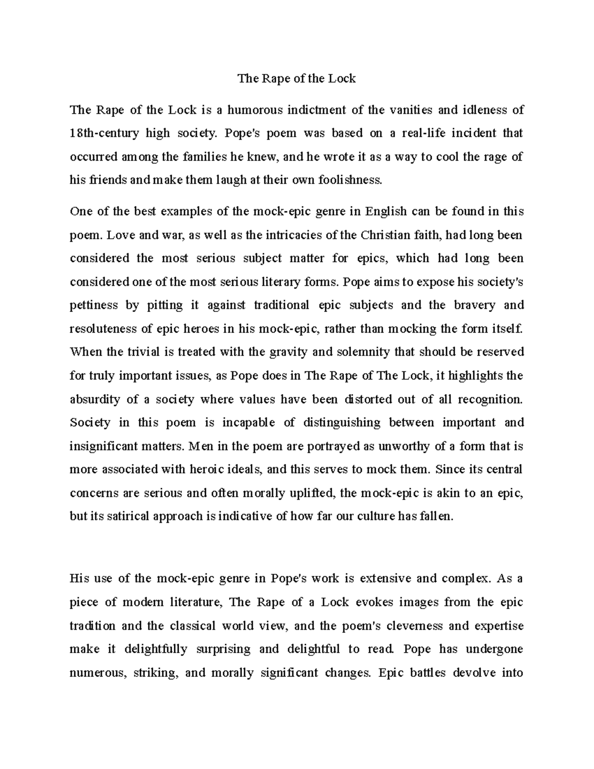 The Rape of the Lock - Lecture Notes: Mock-Epic Analysis and Themes ...