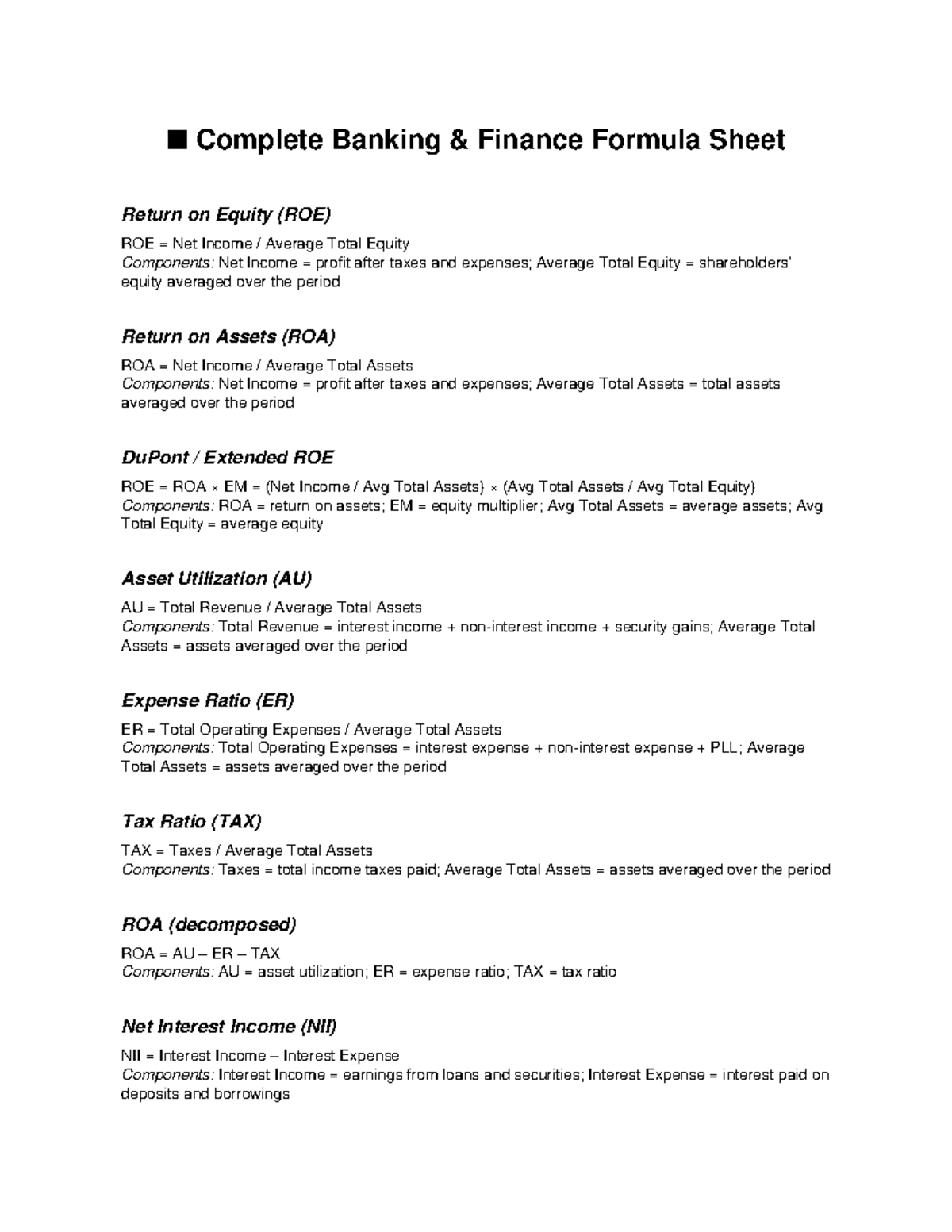 Complete Banking Finance Formula Sheet (BF 101) - Studocu