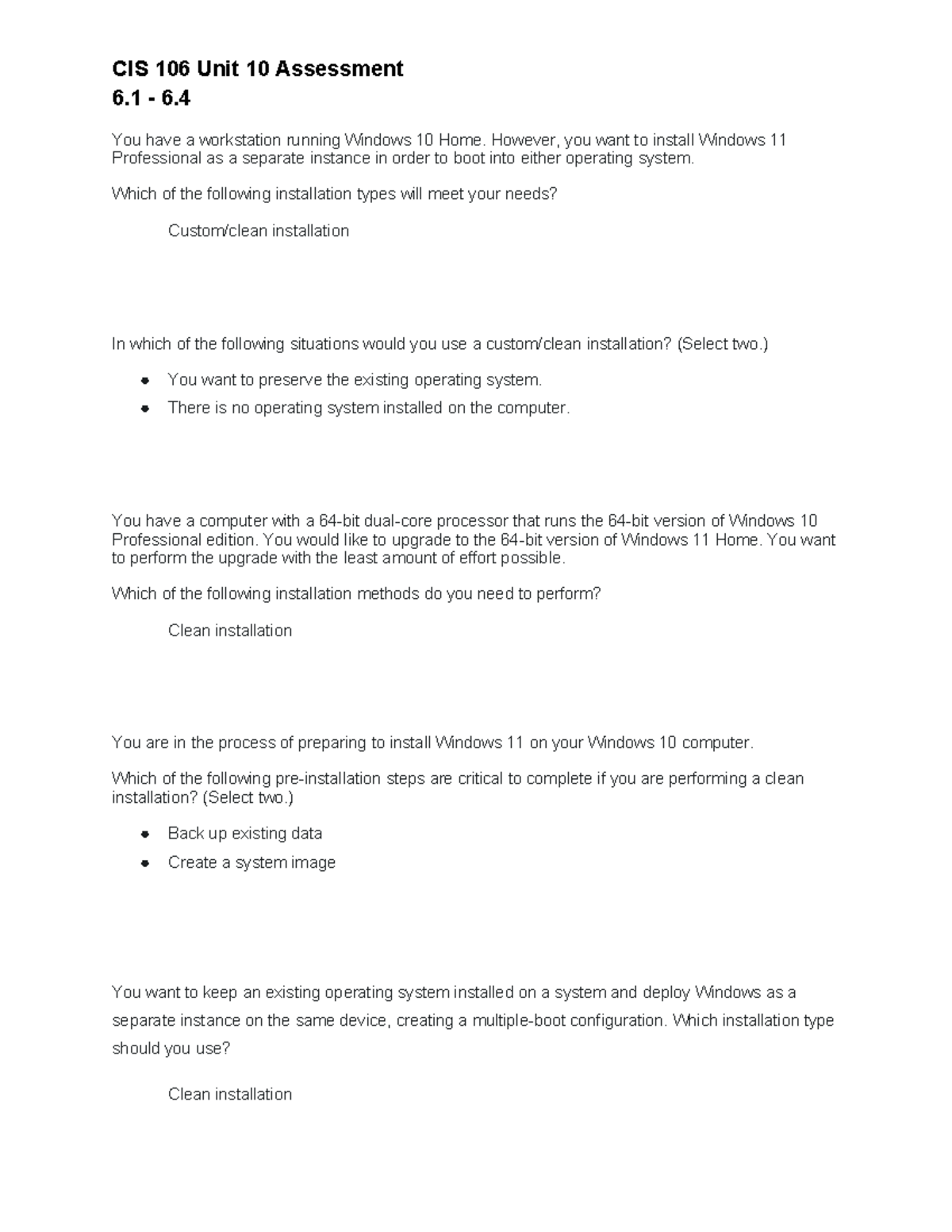 CIS 106 Unit 10 Windows 11 Installation Assessment Guide - Studocu