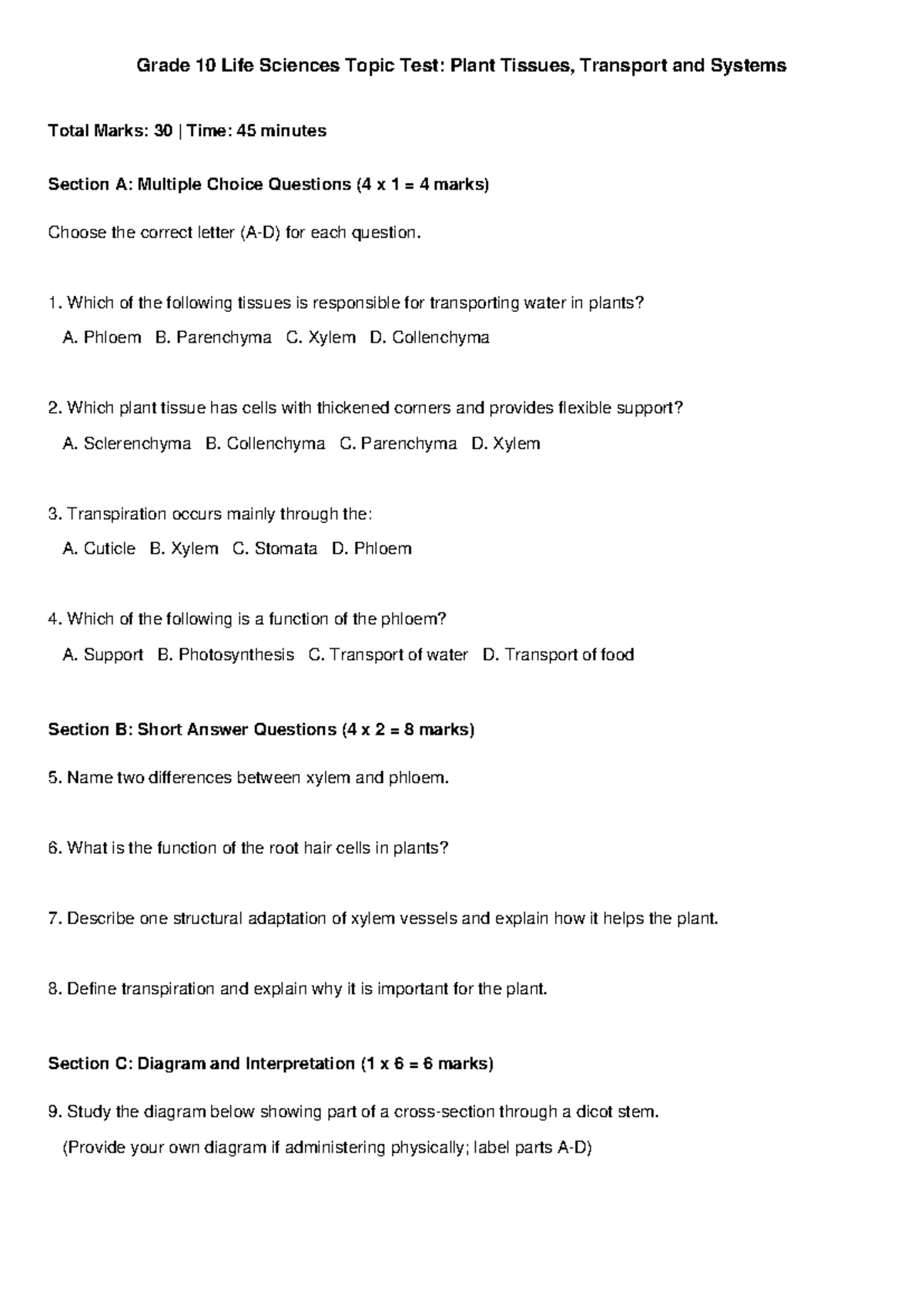 Grade 10 Life Sciences Topic Test: Plant Tissues & Transport, Marks 30 ...