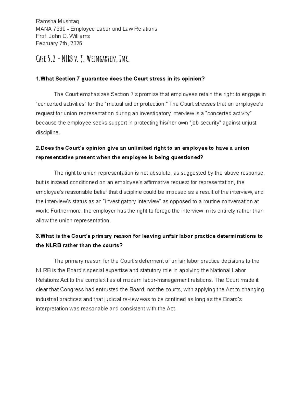 MANA 7330 Employee Labor and Law Relations: Chapter 5 Case Reviews ...