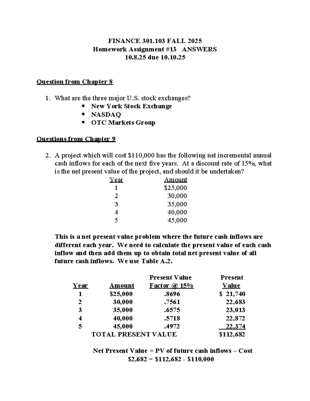 Finance 301.103 Fall 2025 Homework Assignment #13 Solutions - Studocu