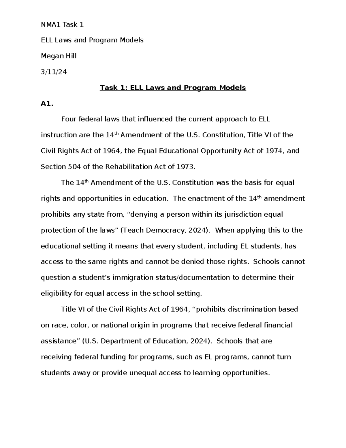 NMA1 Task 1: ELL Laws and Instructional Program Models - Studocu