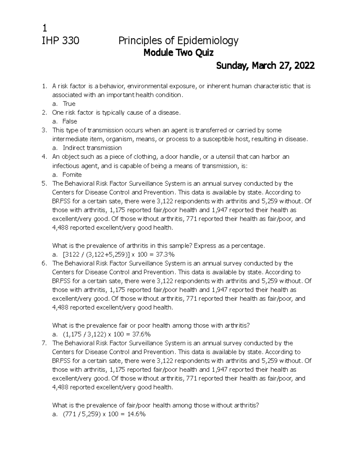 Module Two Quiz - The Father of Epidemiology - 1 IHP 330 Principles of ...