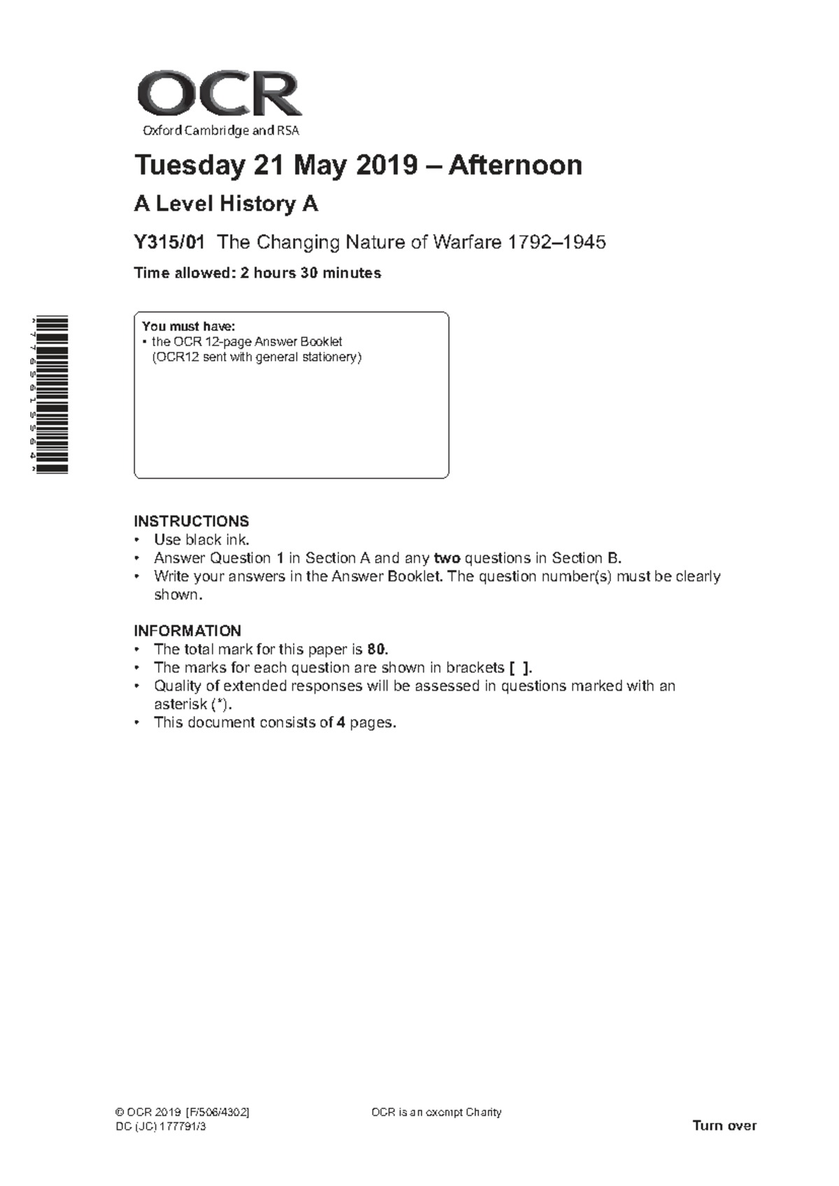 June 2019 A Level History A Unit Y315 Exam Paper: Changing Nature of ...