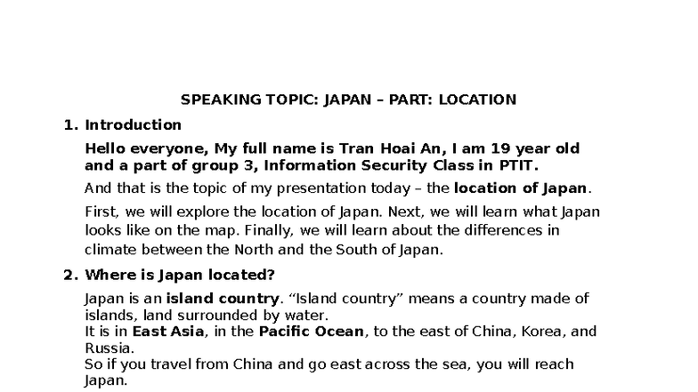SPEAKING TOPIC: JAPAN LOCATION - Overview & Climate Insights - Studocu