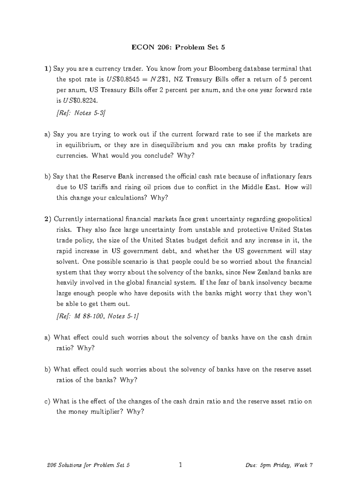 ECON 206: Solutions for Problem Set 5 on Currency Trading and Bank Solvency - Studocu