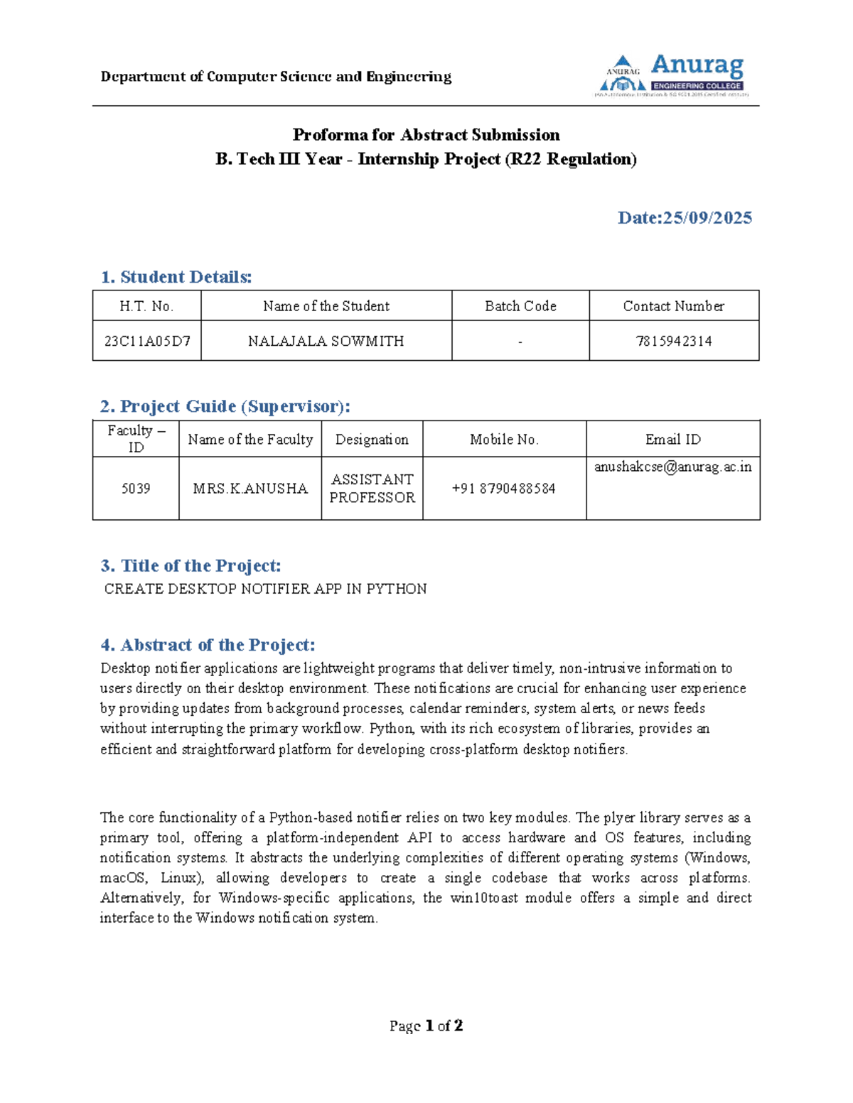 B.Tech Internship Project (R22): Desktop Notifier App in Python - Studocu