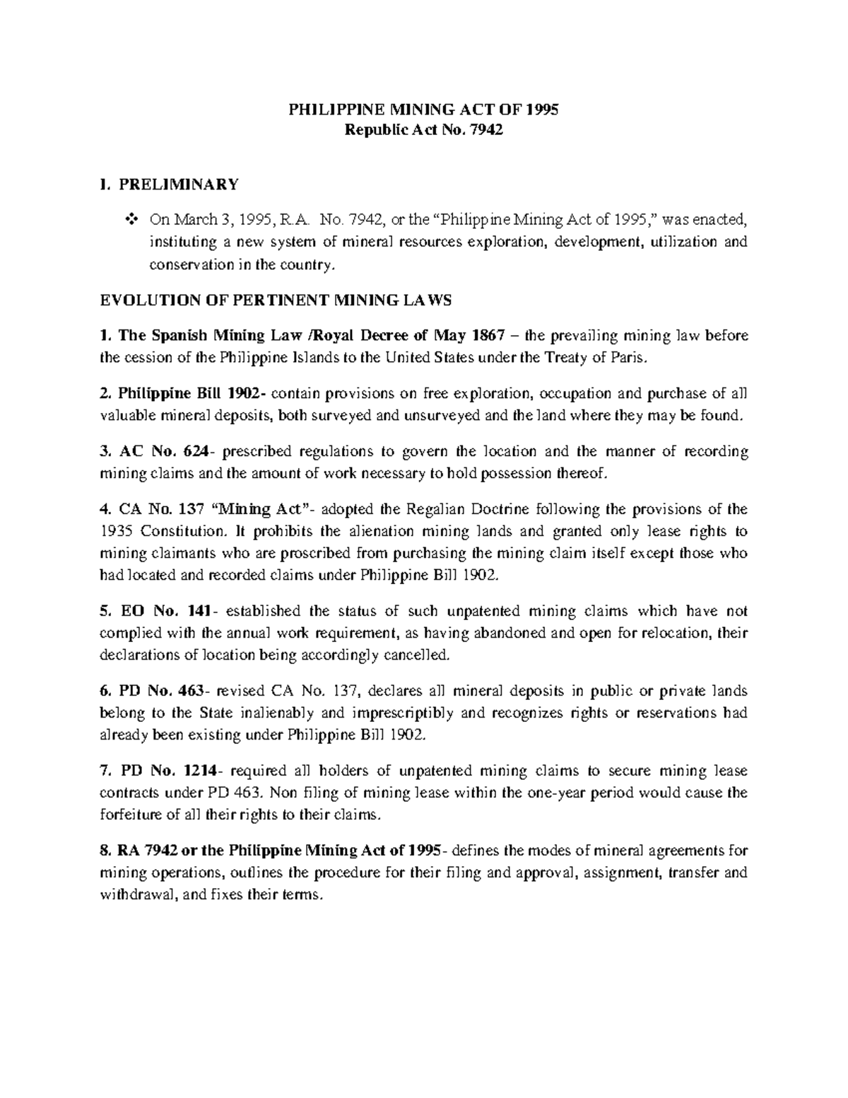 RA 7942: Philippine Mining Act of 1995 - Comprehensive Overview and ...